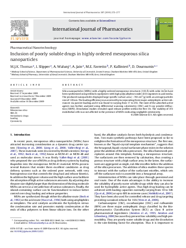 (PDF) Inclusion of poorly soluble drugs in highly ordered mesoporous ...