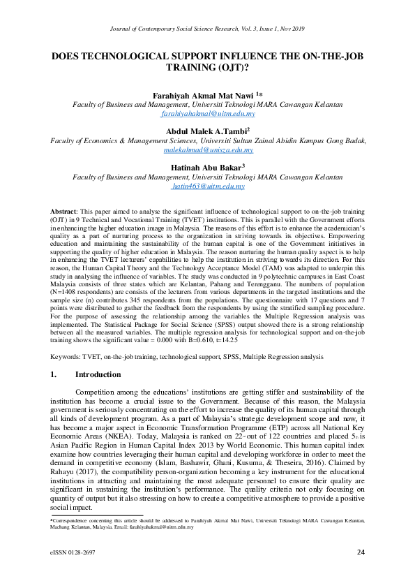 (PDF) Does Technological Support Influence the On-The-Job Training (Ojt)?