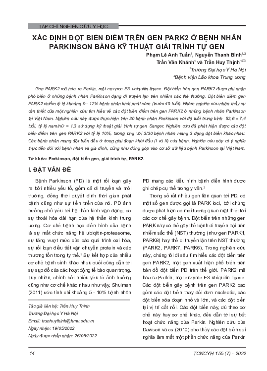 (PDF) Xác định đột biến điểm trên gen PARK2 ở bệnh nhân Parkinson bằng ...