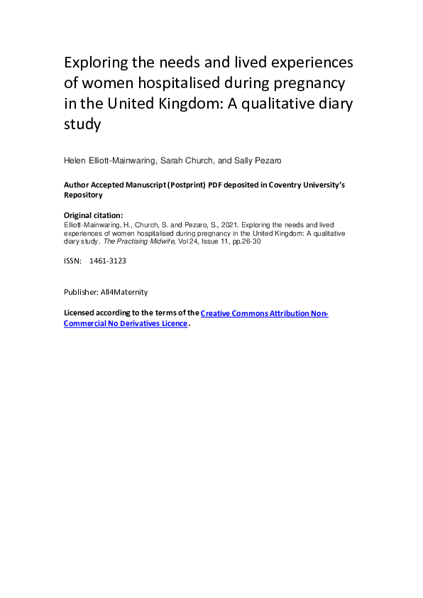 (PDF) Exploring the needs and lived experiences of women hospitalised during pregnancy in the ...