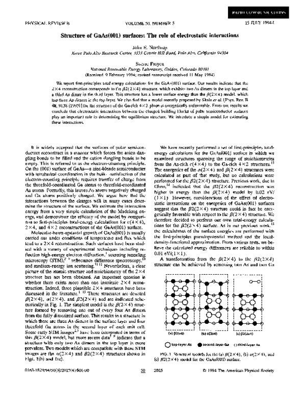 Pdf Structure Of Gaas 001 Surfaces The Role Of Electrostatic Interactions Sverre Froyen