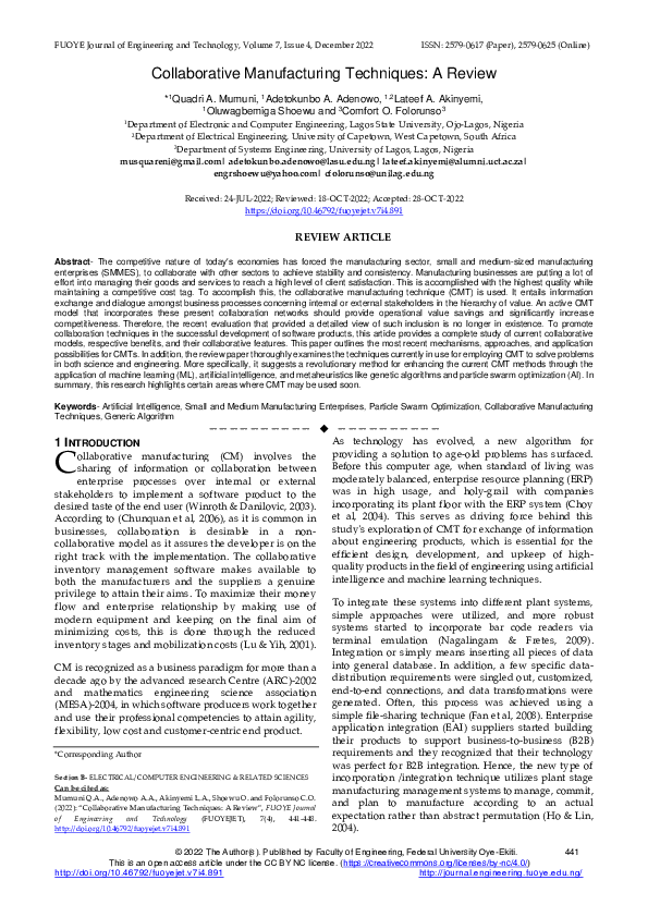 (PDF) Collaborative Manufacturing Techniques: A Review