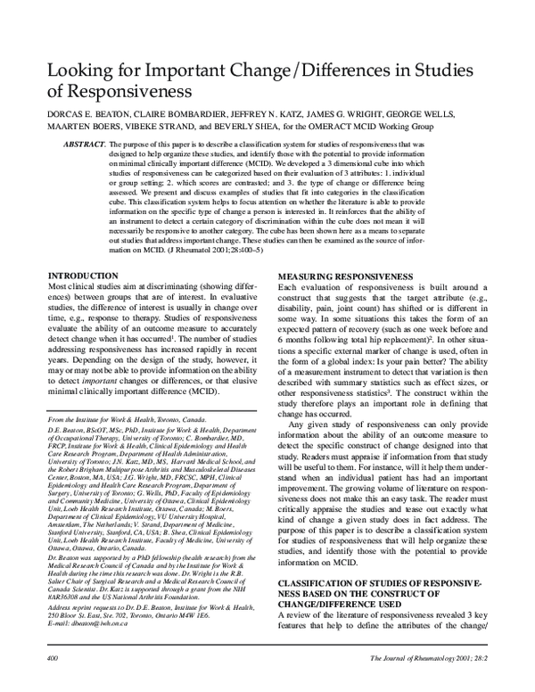 (PDF) Looking for important change/differences in studies of responsiveness. OMERACT MCID ...