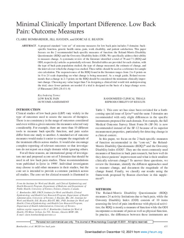 (PDF) Minimal clinically important difference. Low back pain: outcome measures