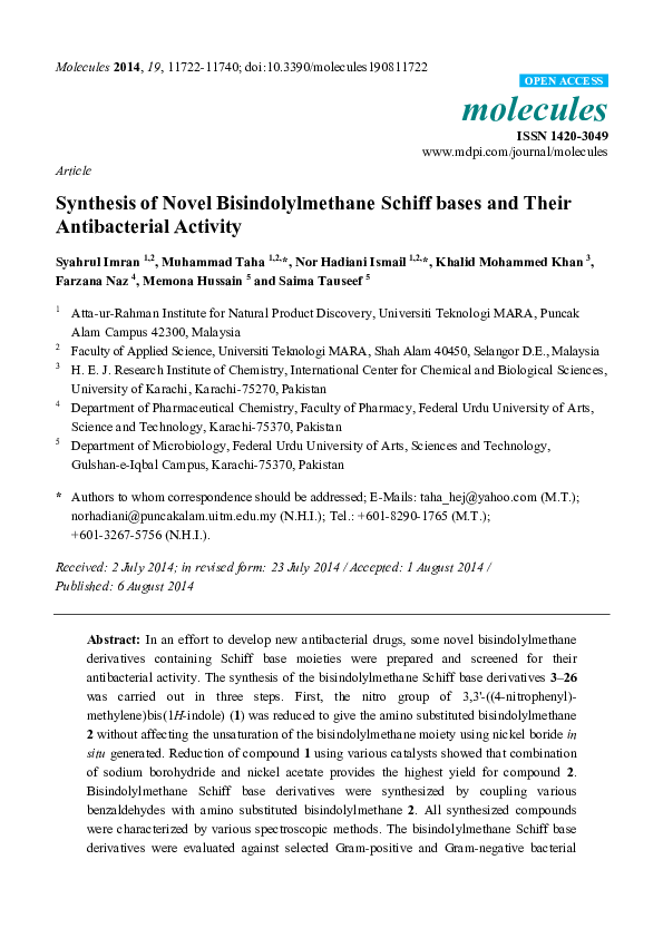 (PDF) Article Synthesis of Novel Bisindolylmethane Schiff bases and Their Antibacterial Activity