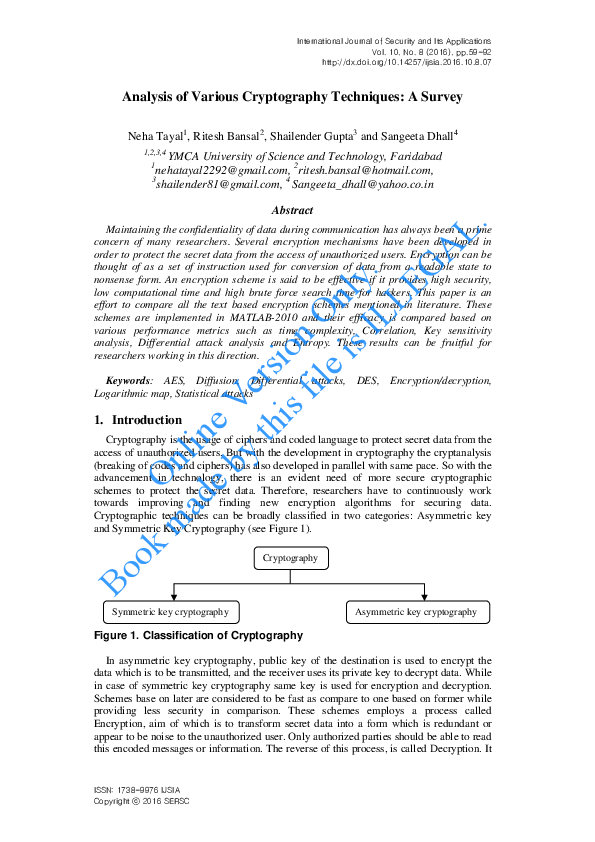 (PDF) Analysis of Various Cryptography Techniques: A Survey