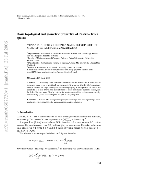 (PDF) Basic topological and geometric properties of Cesàro-Orlicz spaces