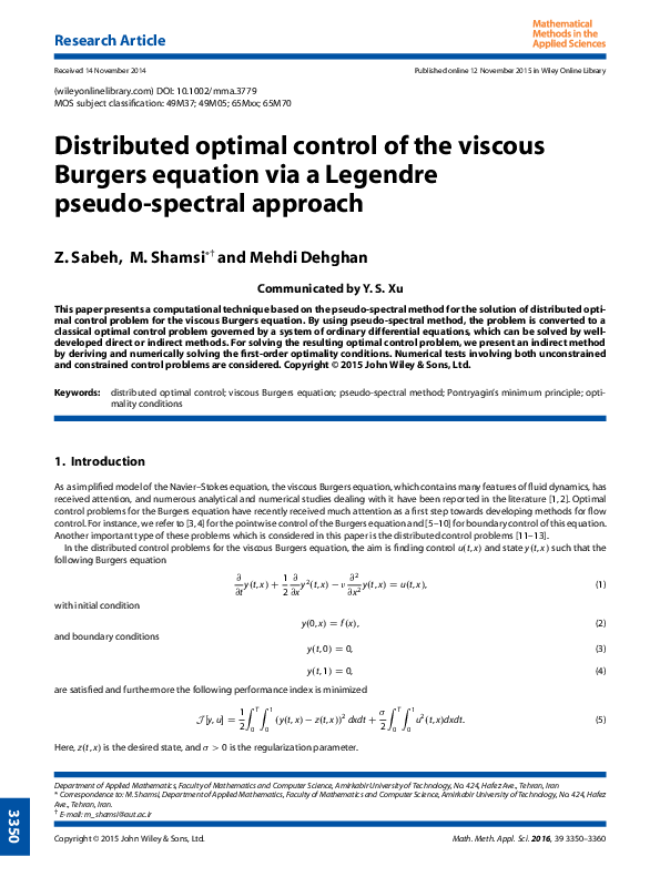 (PDF) Distributed optimal control of the viscous Burgers equation via a Legendre pseudo-spectral ...