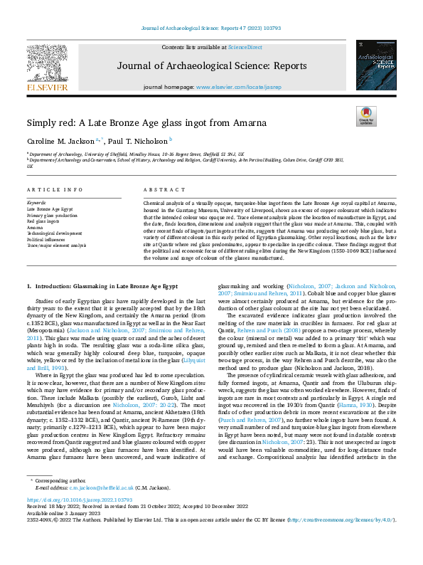 (PDF) Simply red: A Late Bronze Age glass ingot from Amarna