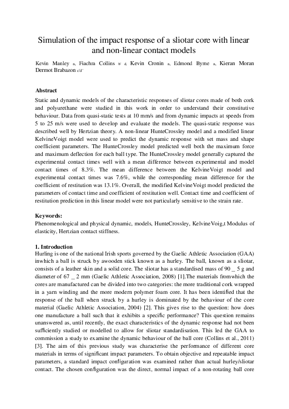 (PDF) Simulation of the impact response of a sliotar core with linear ...