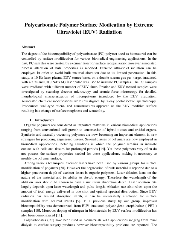 (PDF) Polycarbonate Polymer Surface Modification by Extreme Ultraviolet (EUV) Radiation