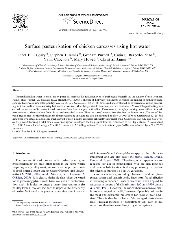 (PDF) Surface pasteurisation of chicken carcasses using hot water