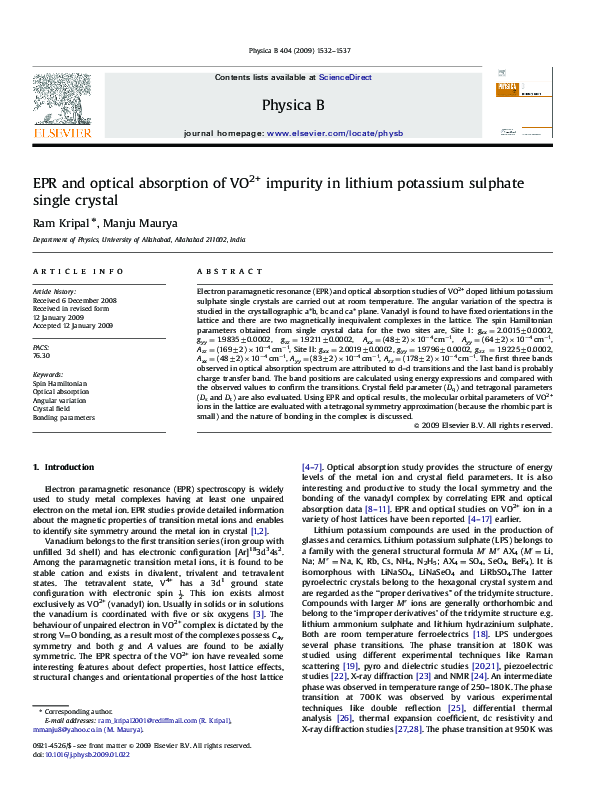 (PDF) EPR and optical absorption of VO2+ impurity in lithium potassium ...