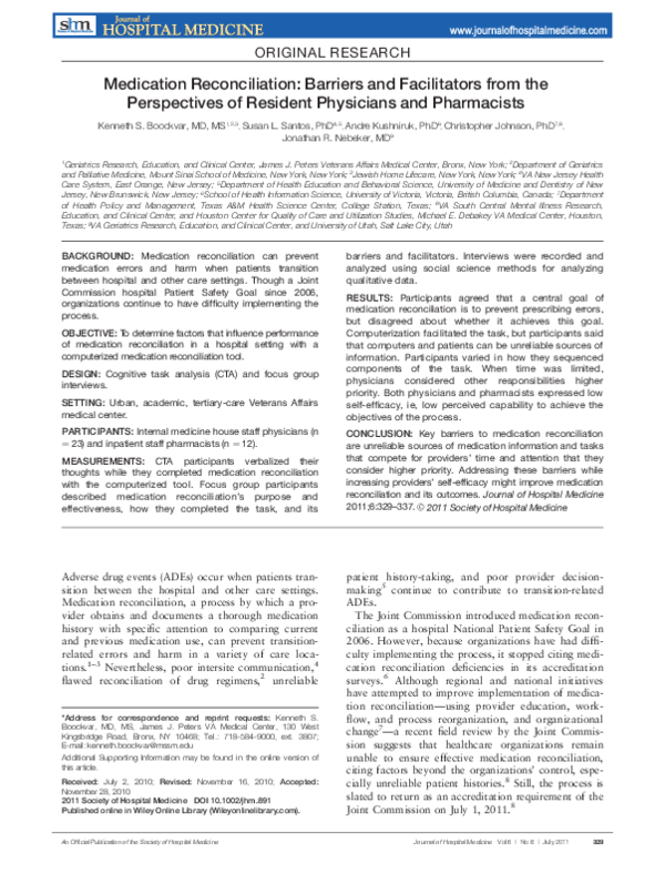 (PDF) Medication reconciliation: Barriers and facilitators from the perspectives of resident ...