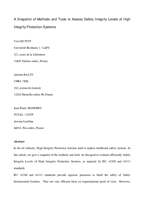 (PDF) A snapshot of methods and tools to assess safety integrity levels of high-integrity ...