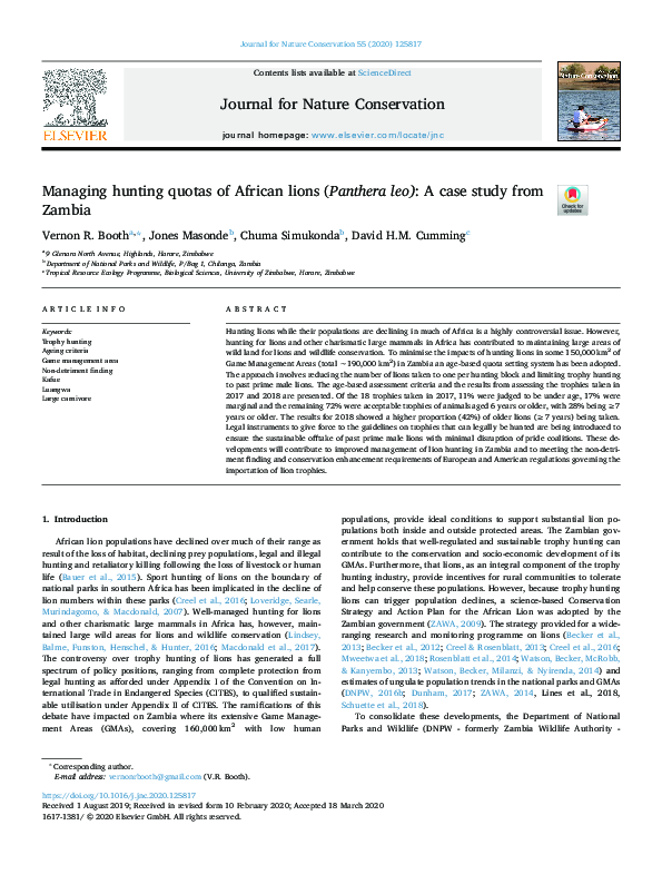 (PDF) Managing hunting quotas of African lions (Panthera leo): A case ...