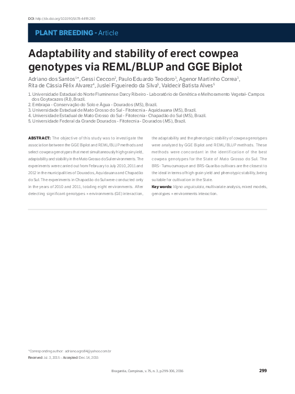 (PDF) Adaptability and stability of erect cowpea genotypes via REML/BLUP and GGE Biplot