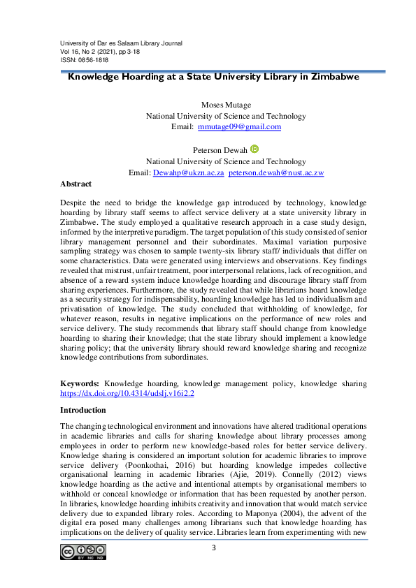 (PDF) Knowledge Hoarding at a State University Library in Zimbabwe ...