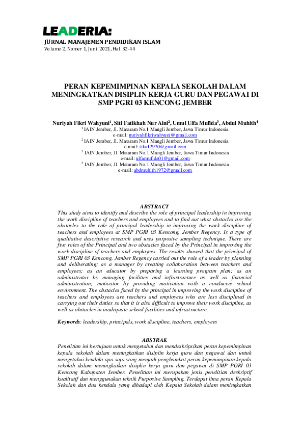 (PDF) Peran Kepemimpinan Kepala Sekolah dalam Meningkatkan Disiplin Kerja Guru dan Pegawai di ...
