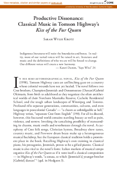 (PDF) Productive Dissonance: Classical Music in Tomson Highway's Kiss ...