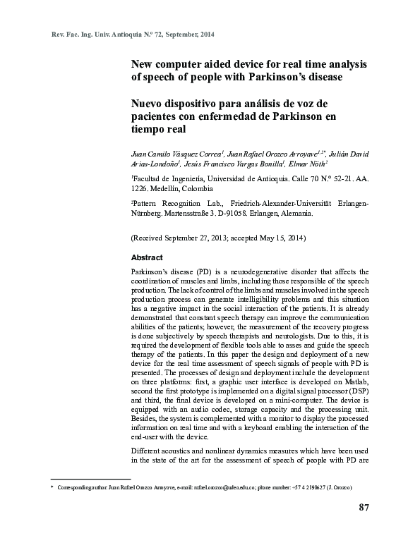 (PDF) New computer aided device for real time analysis of speech of people with Parkinson’s disease