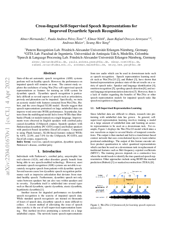 (PDF) Cross-lingual Self-Supervised Speech Representations for Improved Dysarthric Speech ...