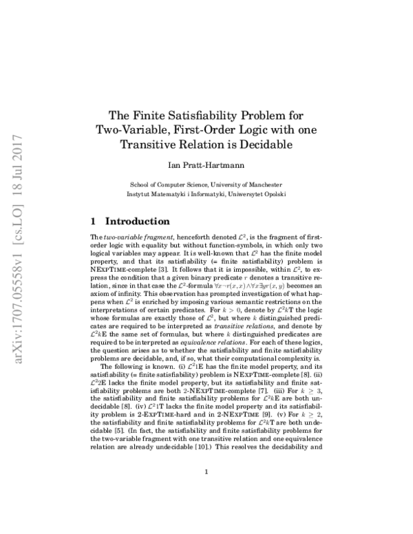 (PDF) The Finite Satisfiability Problem for Two-Variable, First-Order Logic with one Transitive ...