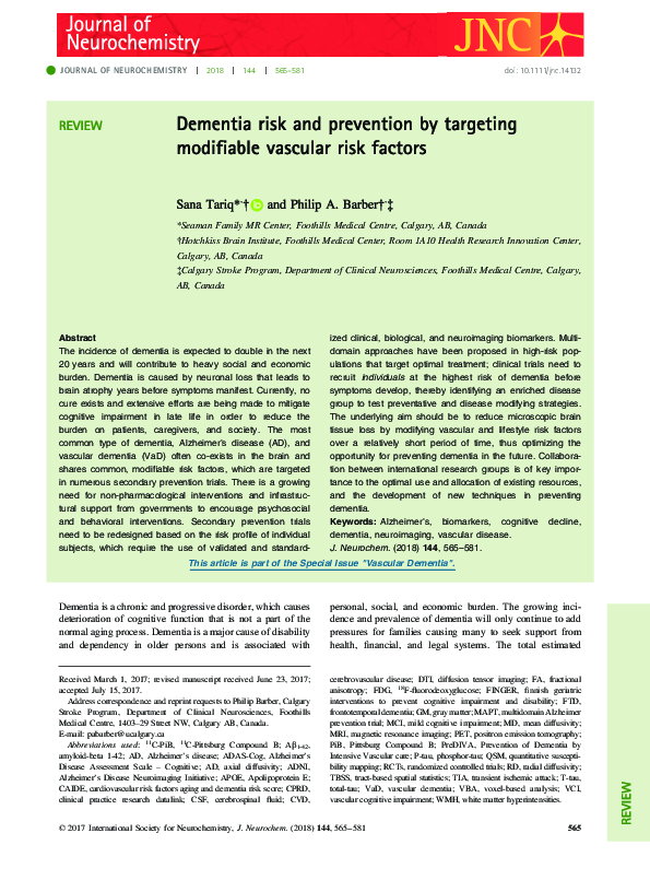 (PDF) Dementia risk and prevention by targeting modifiable vascular ...