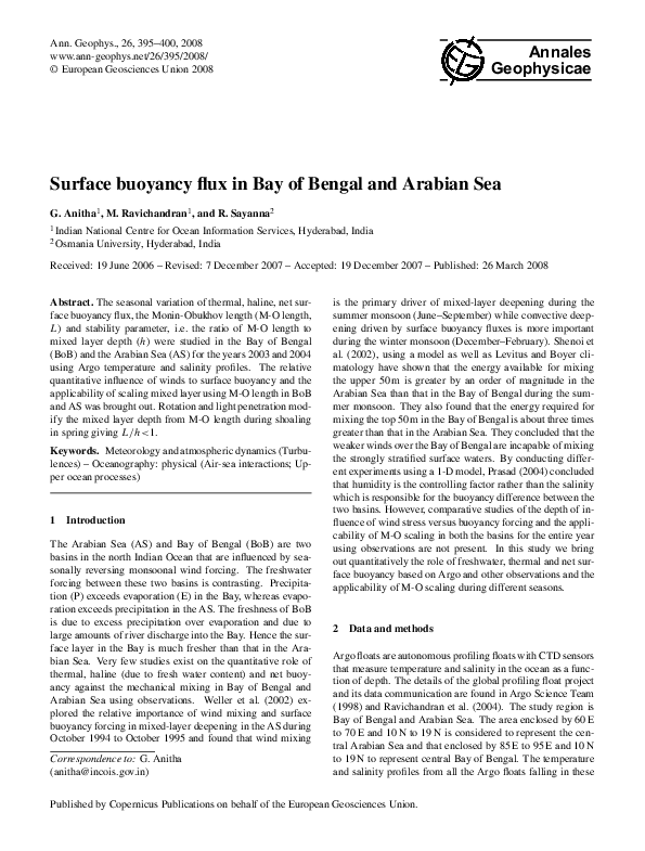(PDF) Surface buoyancy flux in Bay of Bengal and Arabian Sea