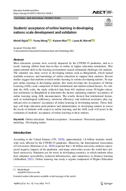 (PDF) Students’ acceptance of online learning in developing nations: scale development and ...