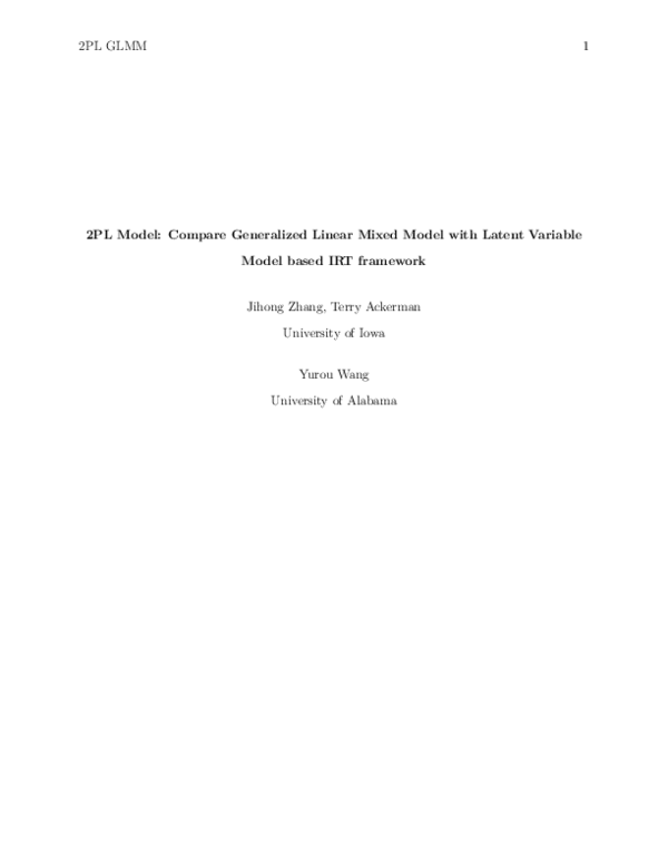 Pdf 2pl Model Compare Generalized Linear Mixed Model With Latent Variable Model Based Irt