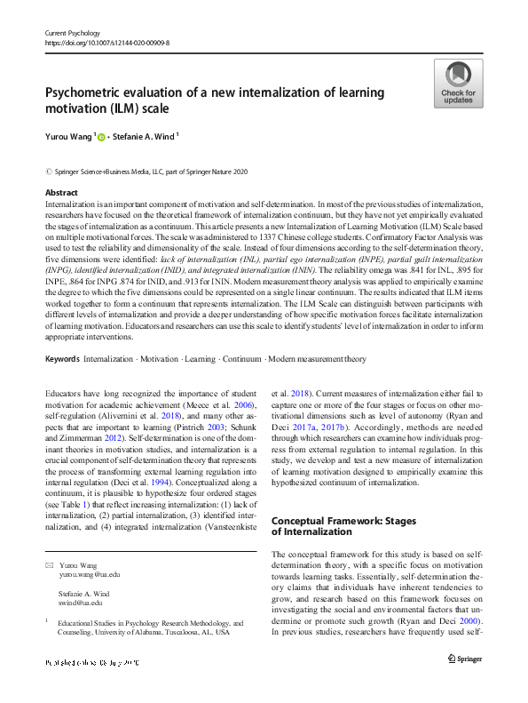 (PDF) Psychometric evaluation of a new internalization of learning ...