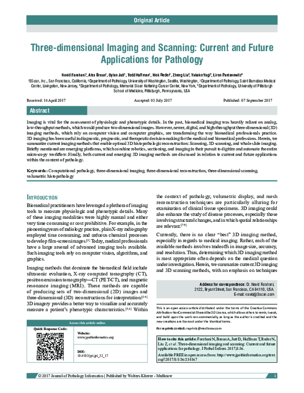 (PDF) Three-dimensional Imaging and Scanning: Current and Future Applications for Pathology