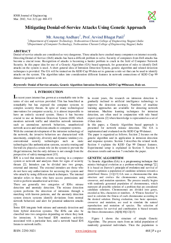 Pdf Mitigating Denial Of Service Attacks Using Genetic Approach