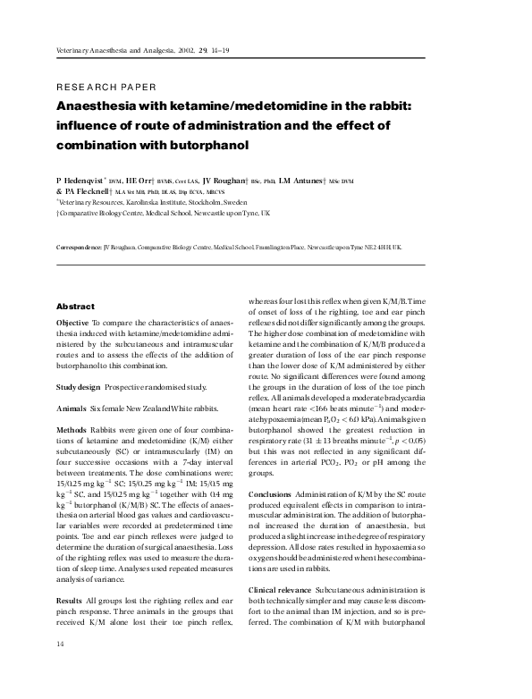 (PDF) Anaesthesia with ketamine/medetomidine in the rabbit: influence ...