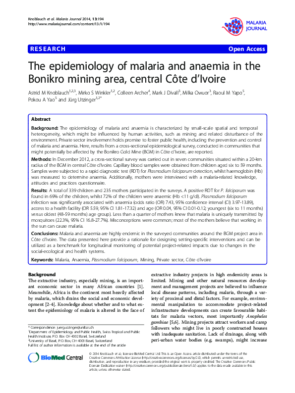 (PDF) The epidemiology of malaria and anaemia in the Bonikro mining ...