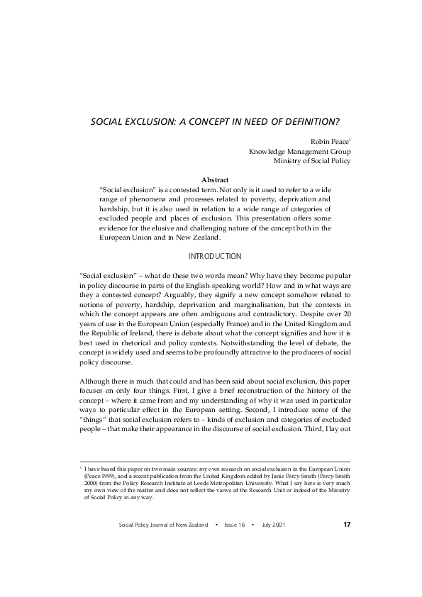 (PDF) Social exclusion: a concept in need of definition?