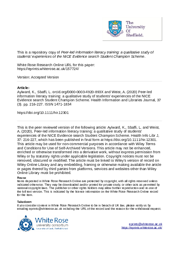 (PDF) Peer‐led information literacy training: a qualitative study of students’ experiences of ...