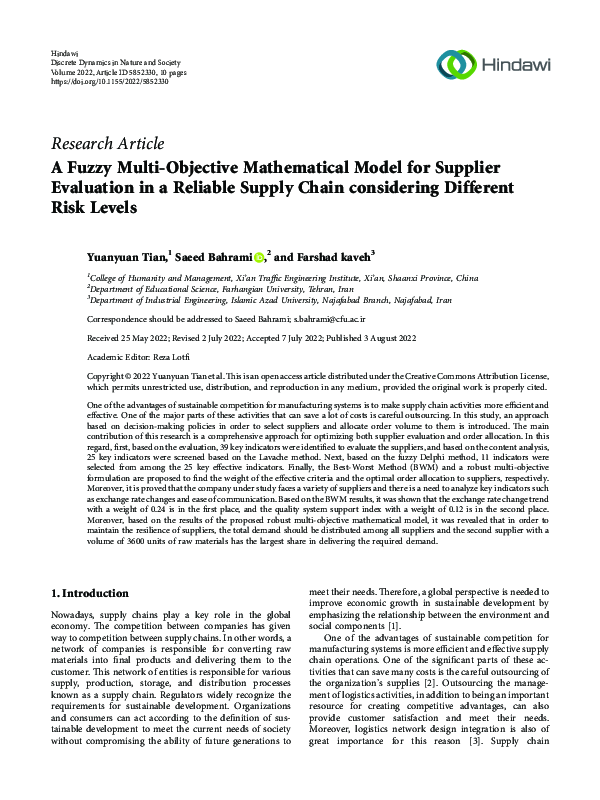 Pdf A Fuzzy Multi Objective Mathematical Model For Supplier
