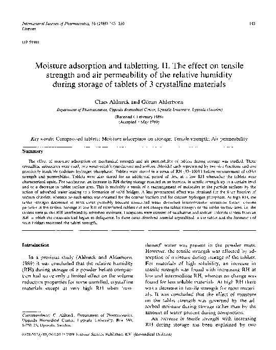(PDF) Moisture adsorption and tabletting. II. The effect on tensile strength and air ...
