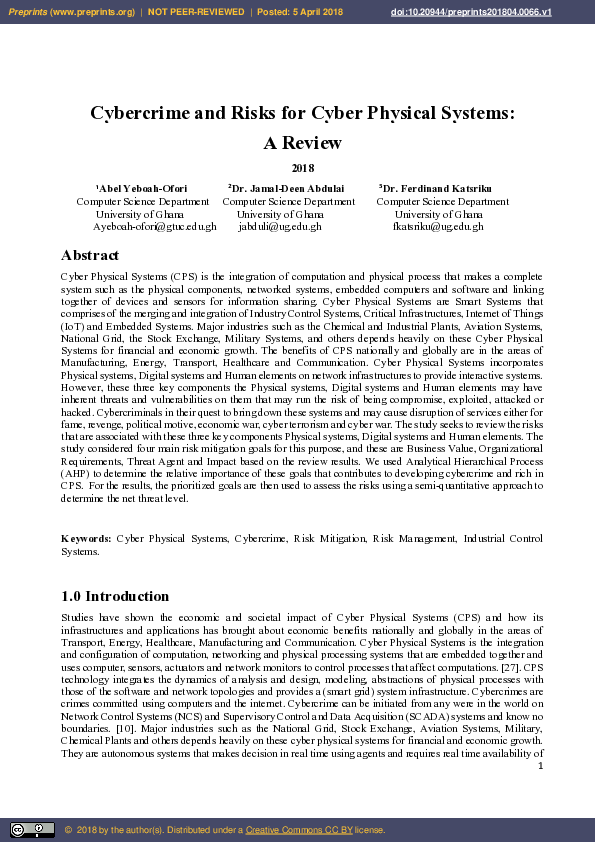 (PDF) Cybercrime and Risks for Cyber Physical Systems: A Review