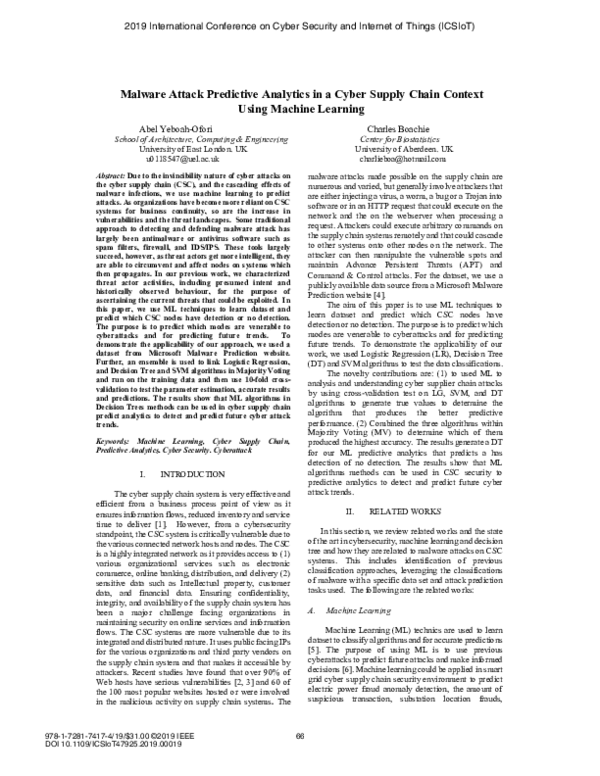 (PDF) Malware Attack Predictive Analytics in a Cyber Supply Chain Context Using Machine Learning