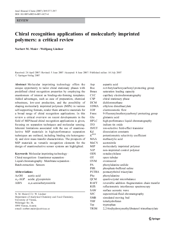 (PDF) Chiral recognition applications of molecularly imprinted polymers: a critical review ...