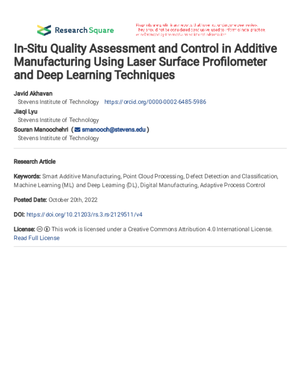 (PDF) In-Situ Quality Assessment and Control in Additive Manufacturing ...
