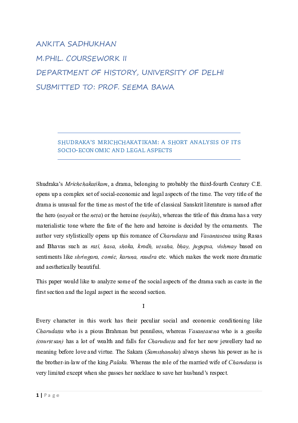 (PDF) SHUDRAKA'S MRICHCHAKATIKAM: A SHORT ANALYSIS OF ITS SOCIO ...