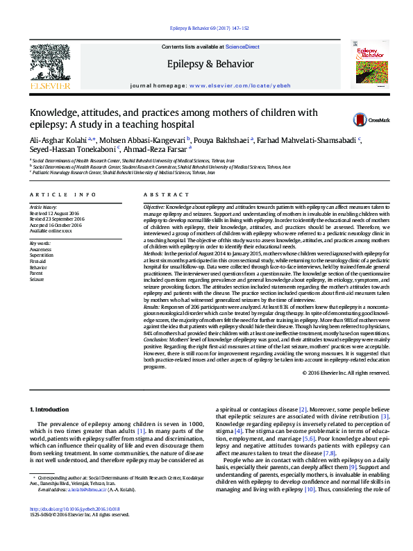 (PDF) Knowledge, attitudes, and practices among mothers of children with epilepsy: A study in a ...