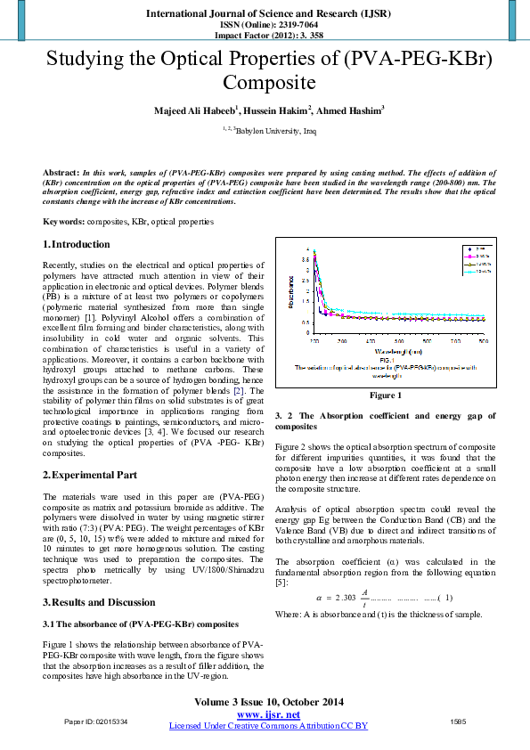 (PDF) Studying the Optical Properties of (PVA-PEG-KBr) Composite | hussein hakim - Academia.edu
