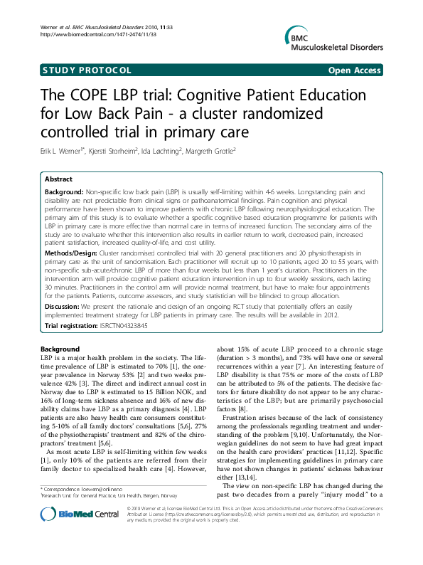 (PDF) The COPE LBP trial: Cognitive Patient Education for Low Back Pain ...