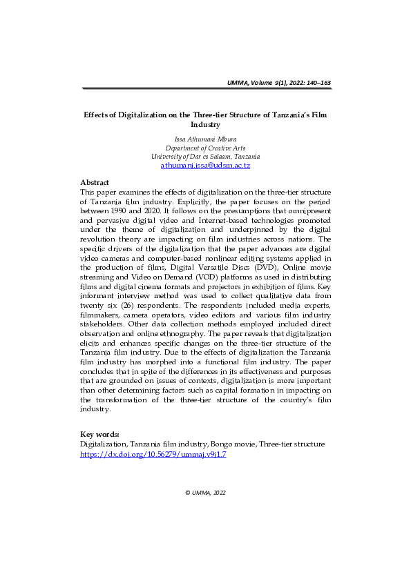 (PDF) Effects of Digitalization on the Three-tier Structure of Tanzania’s Film Industry