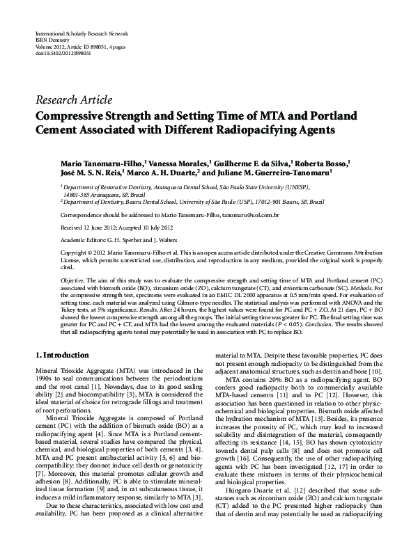 (PDF) Compressive Strength and Setting Time of MTA and Portland Cement ...